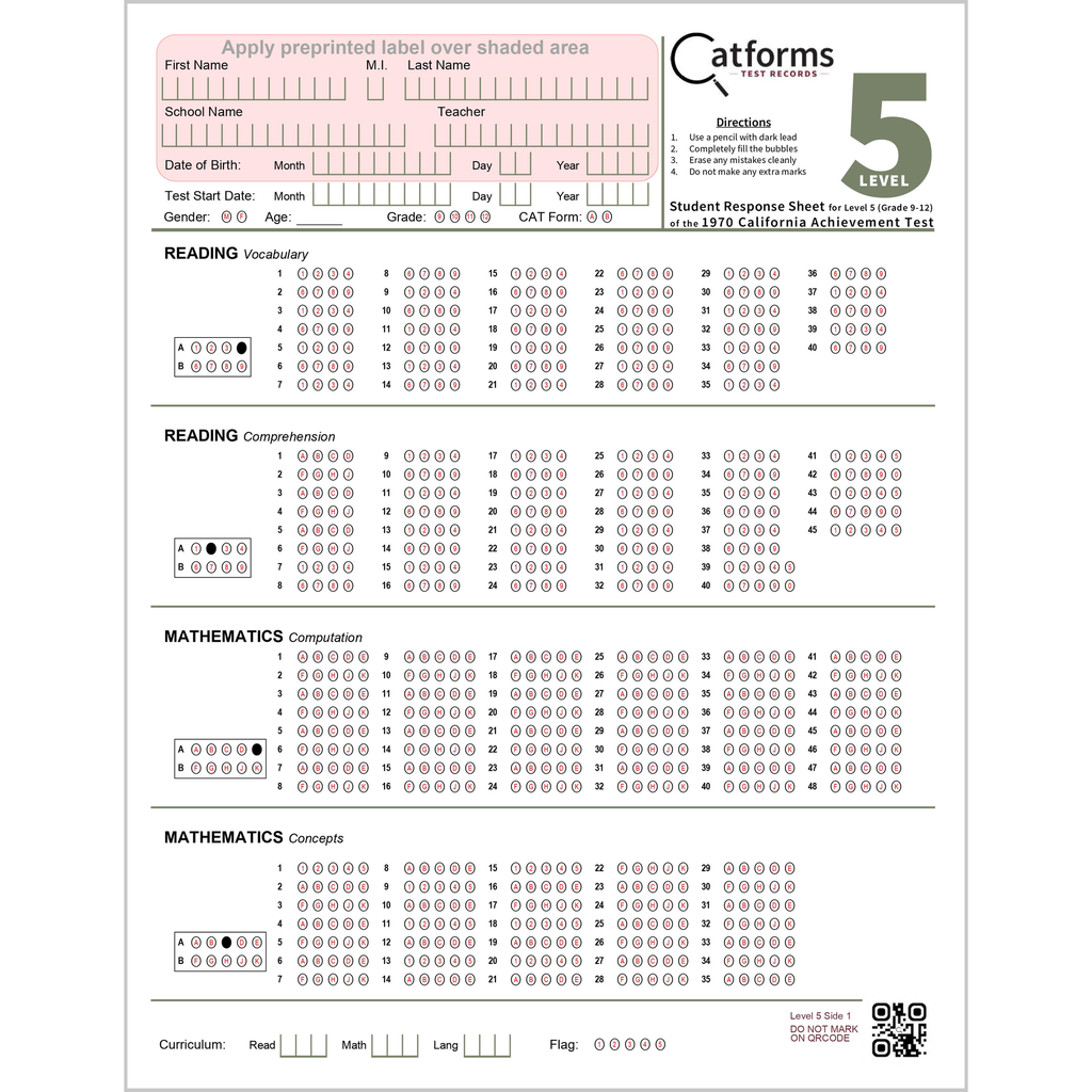 Level 5 Response Sheet & Scoring | Catforms LLC
